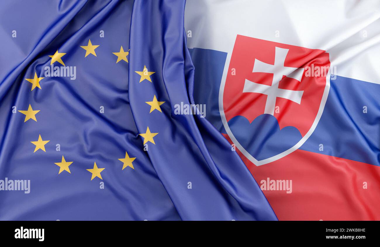 Ruffled Flags of European Union and Slovakia. 3D Rendering Stock Photo ...