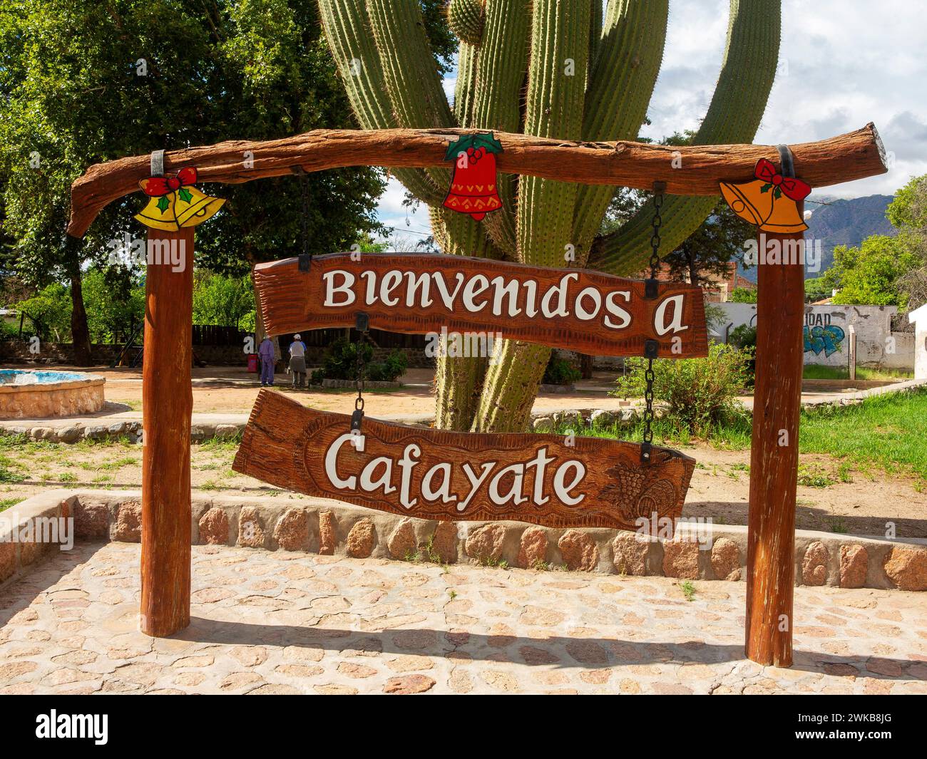 Street scene at Cafayate town, signboard giving welcome to tourists ...