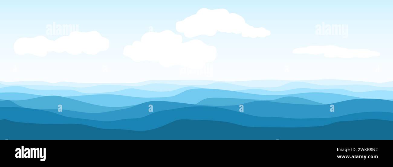Blue ocean or sea waves. Realistic vector ocean waves and sky with ...