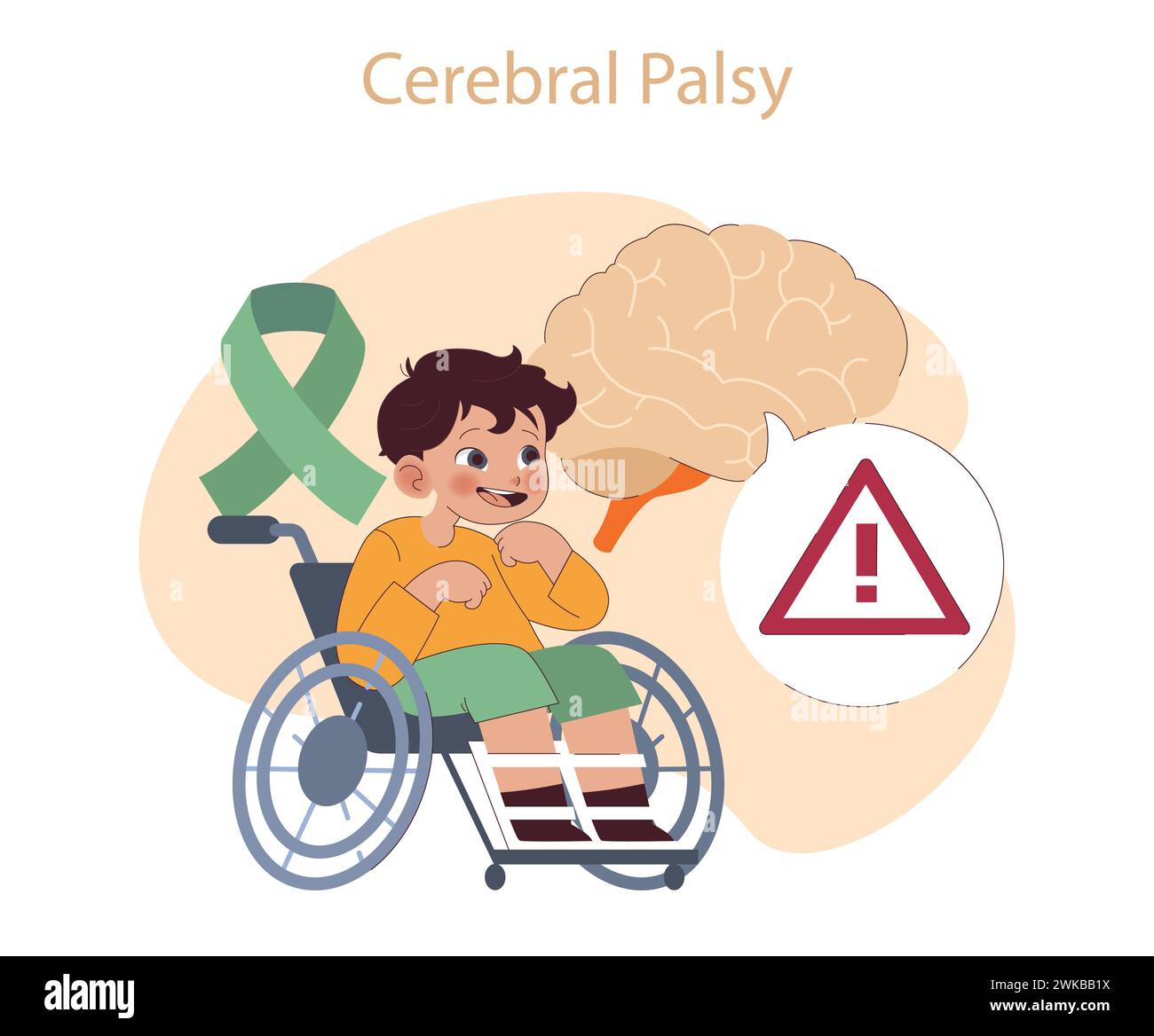 Cerebral Palsy concept. A cheerful child in a wheelchair with a brain ...