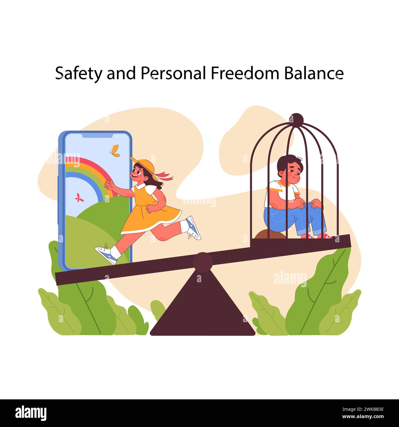 Safety and personal freedom balance concept. Boy locked in cage while ...