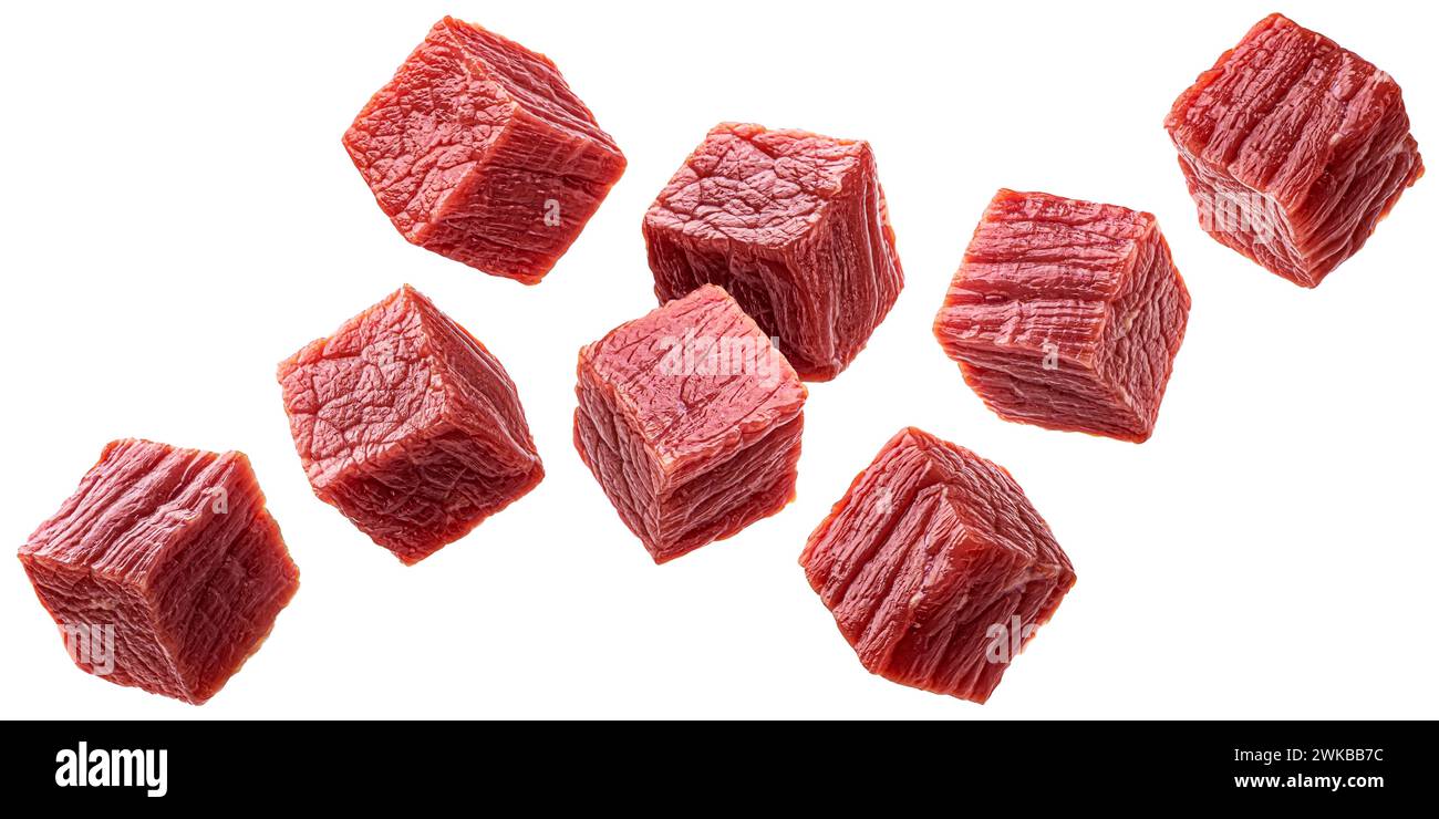 Raw beef meat cubes isolated on white background Stock Photo - Alamy