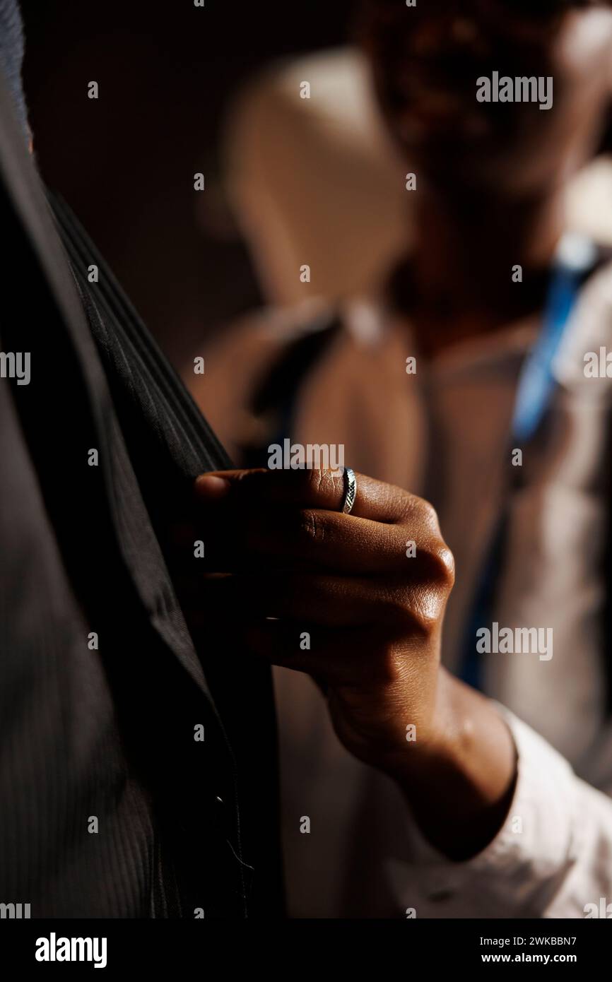 Extreme close up of premium quality designer business suit manufactured ...