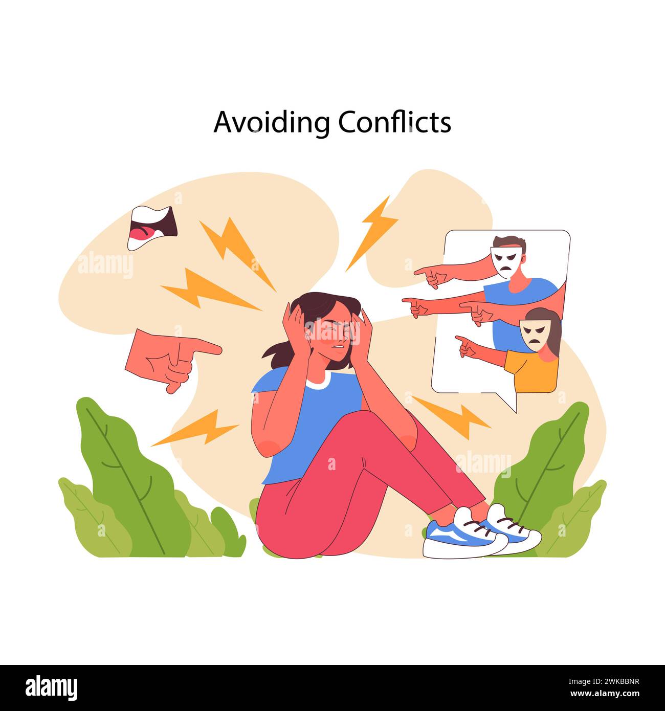 Conflict avoidance concept. Overwhelmed girl amidst aggressive online and offline accusations ...