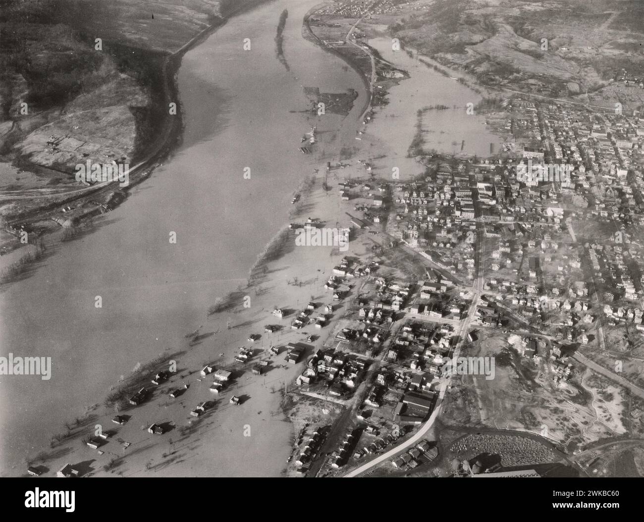 Aerial view of Ohio River Flood, Moundsville, West Virginia January 27 ...