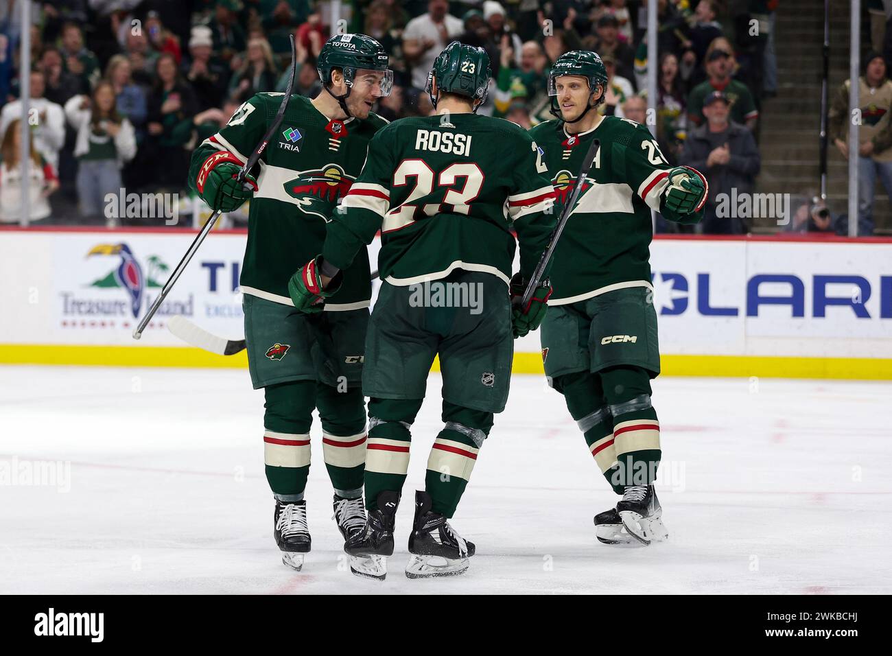 Minnesota Wild center Marco Rossi is congratulated for his goal by ...