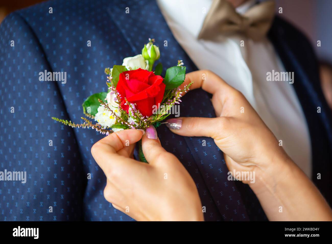 Mom helps her son get ready for the wedding Stock Photo - Alamy