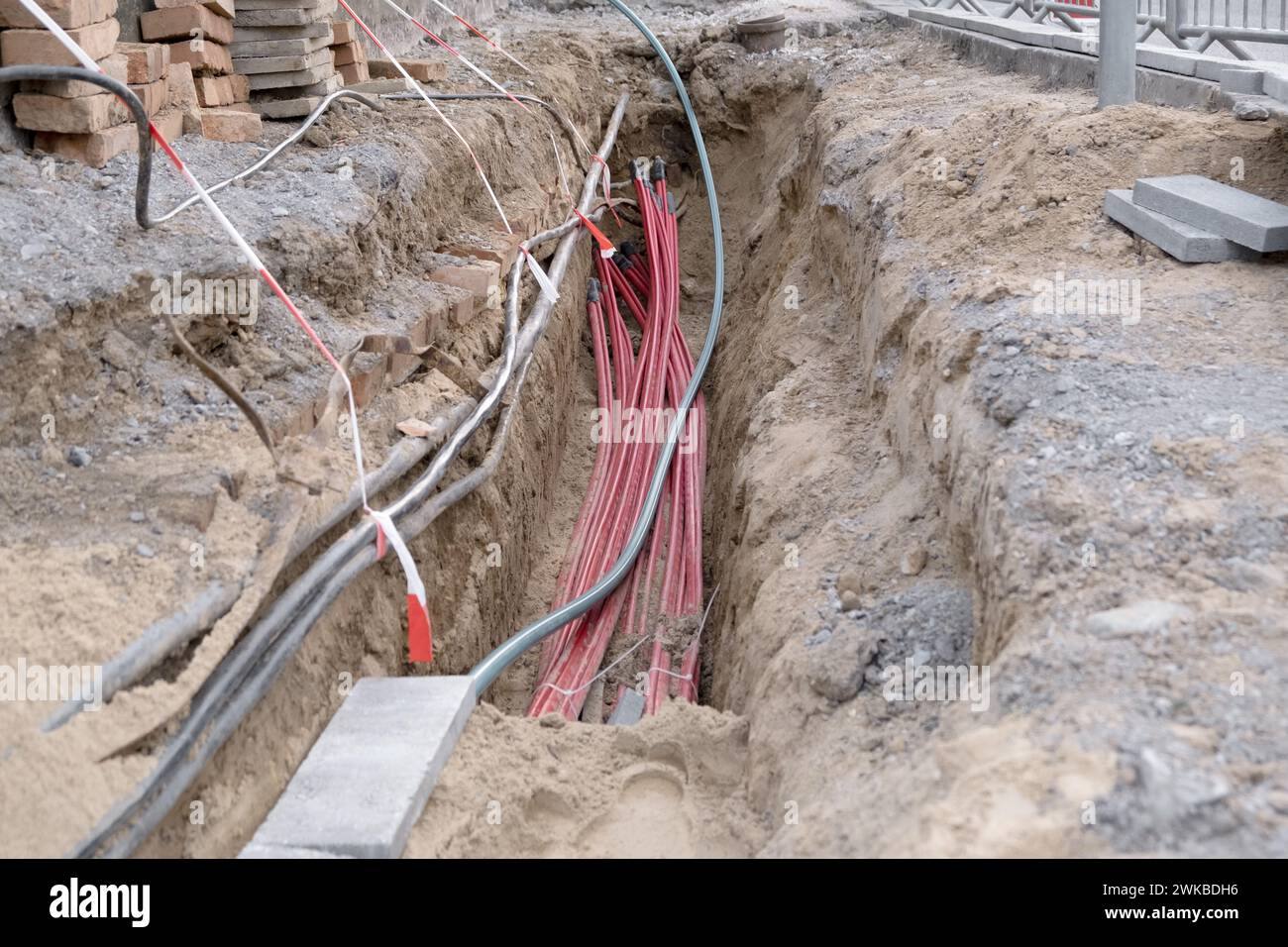 underground electric cable infrastructure installation. Construction ...