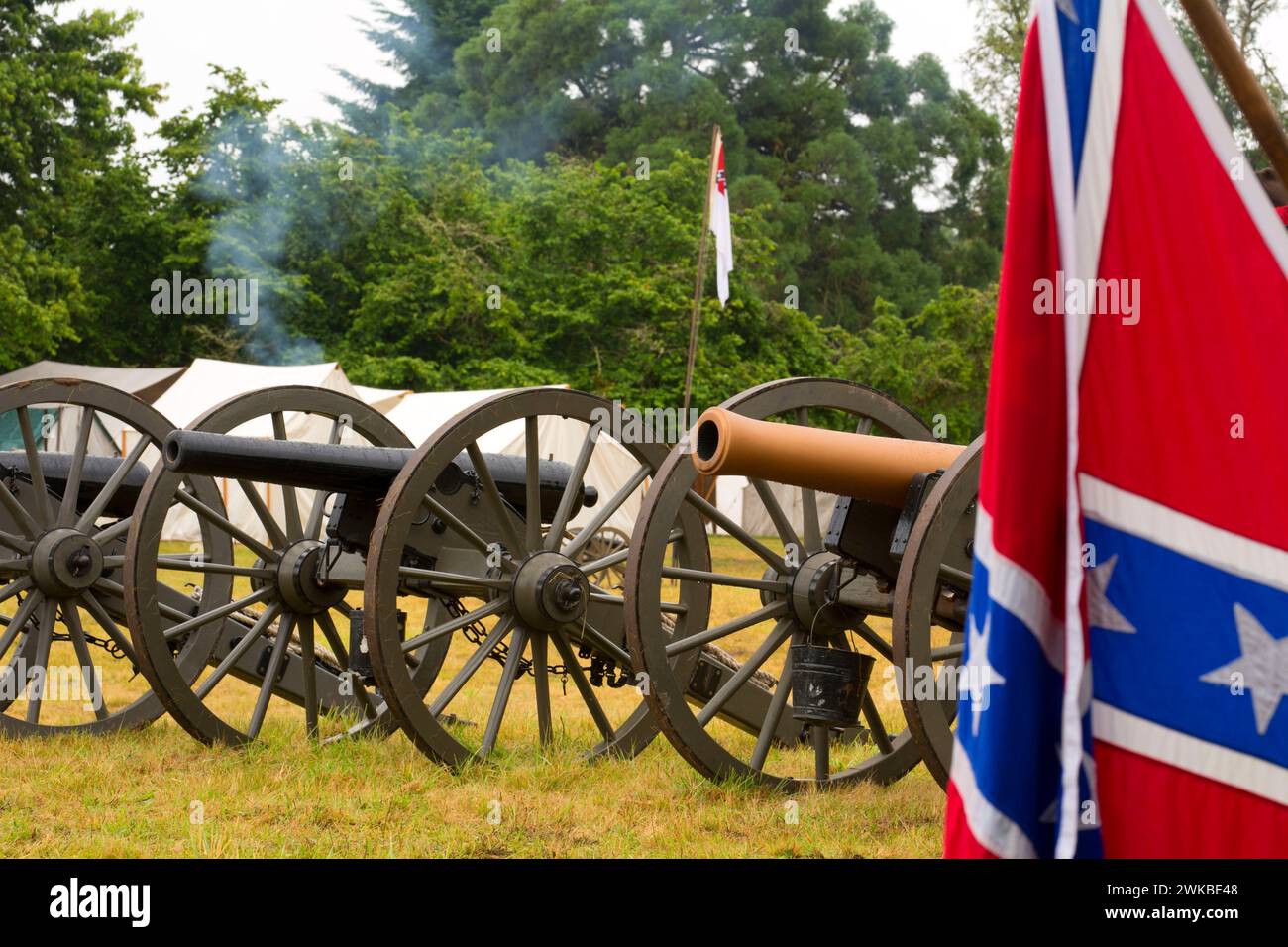 Confederate camp cannons with Confederate flag, Civil War Reenactment ...