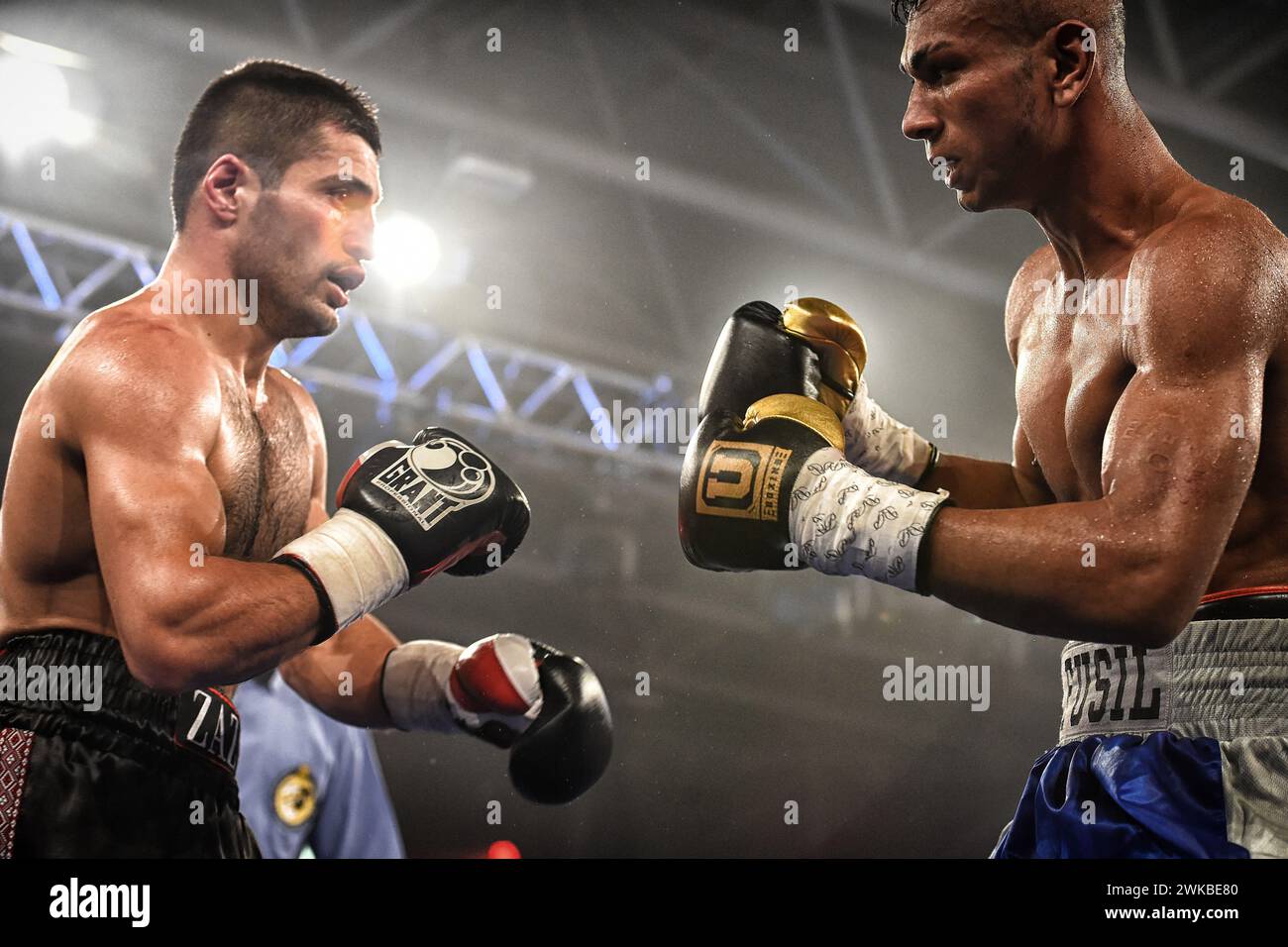 An unidentified boxers in the ring during fight for ranking points ...