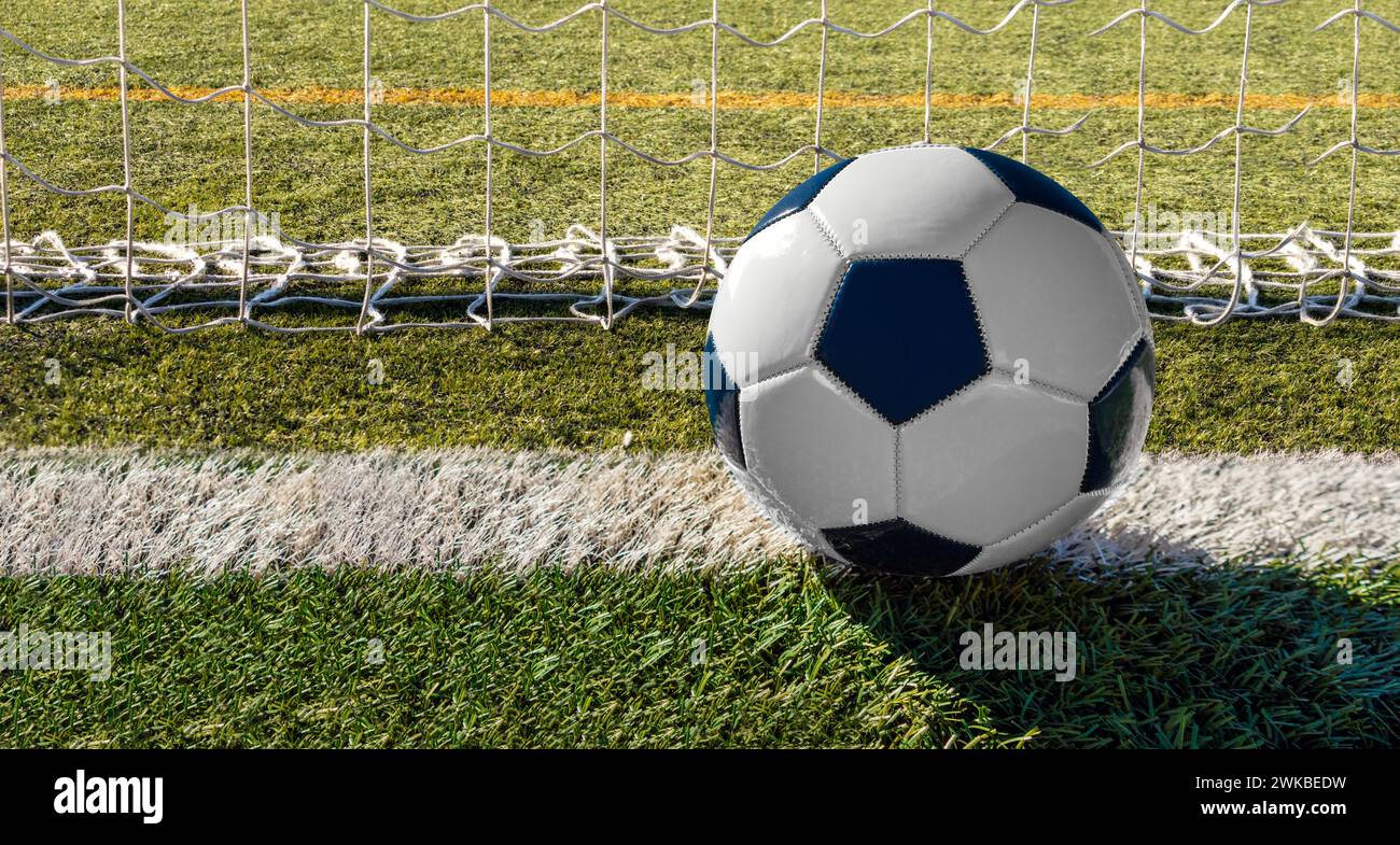 Soccer ball at line soccer goal Stock Photo - Alamy