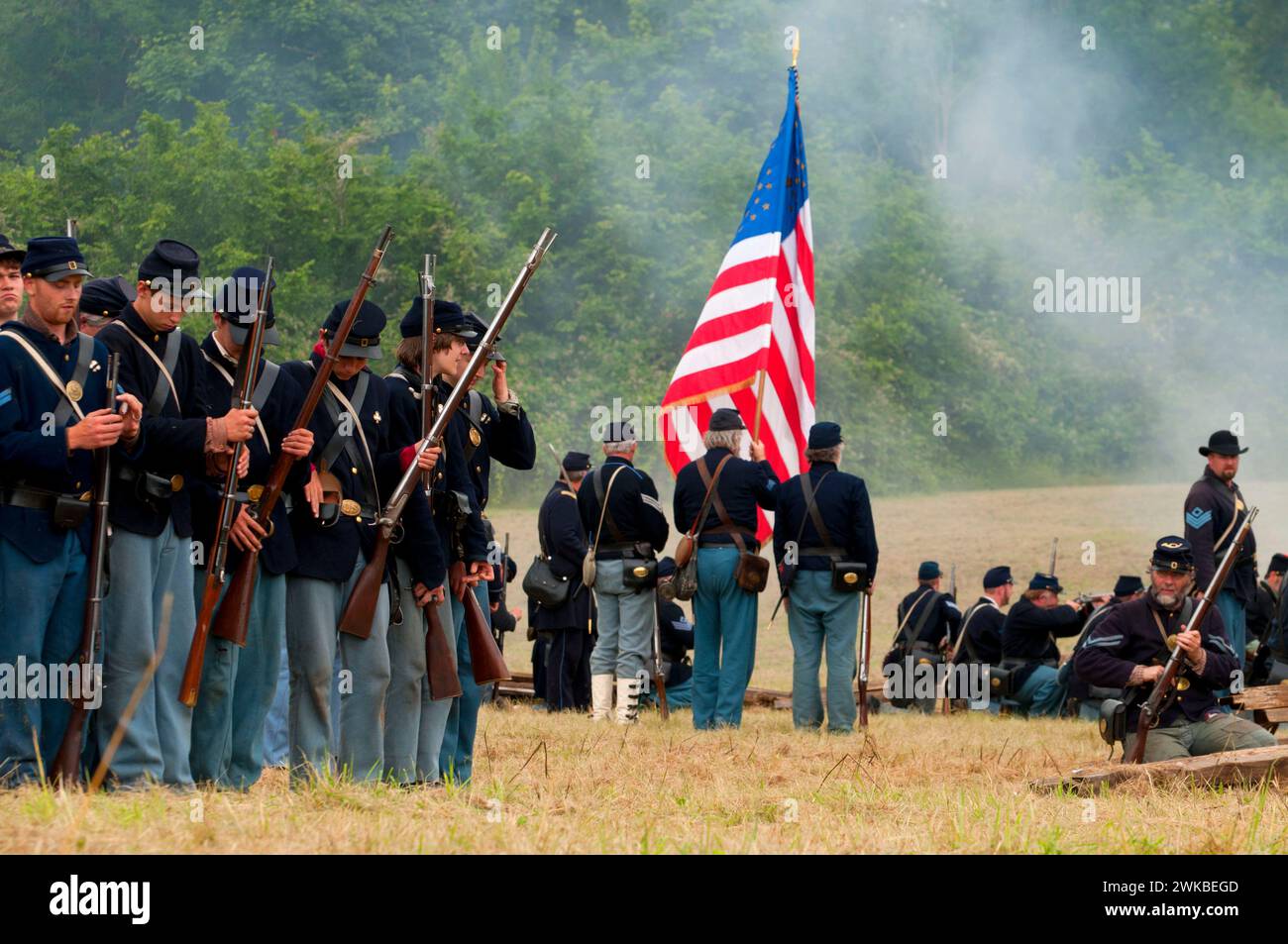 Union soldiers during battle re-enactment, Civil War Reenactment ...