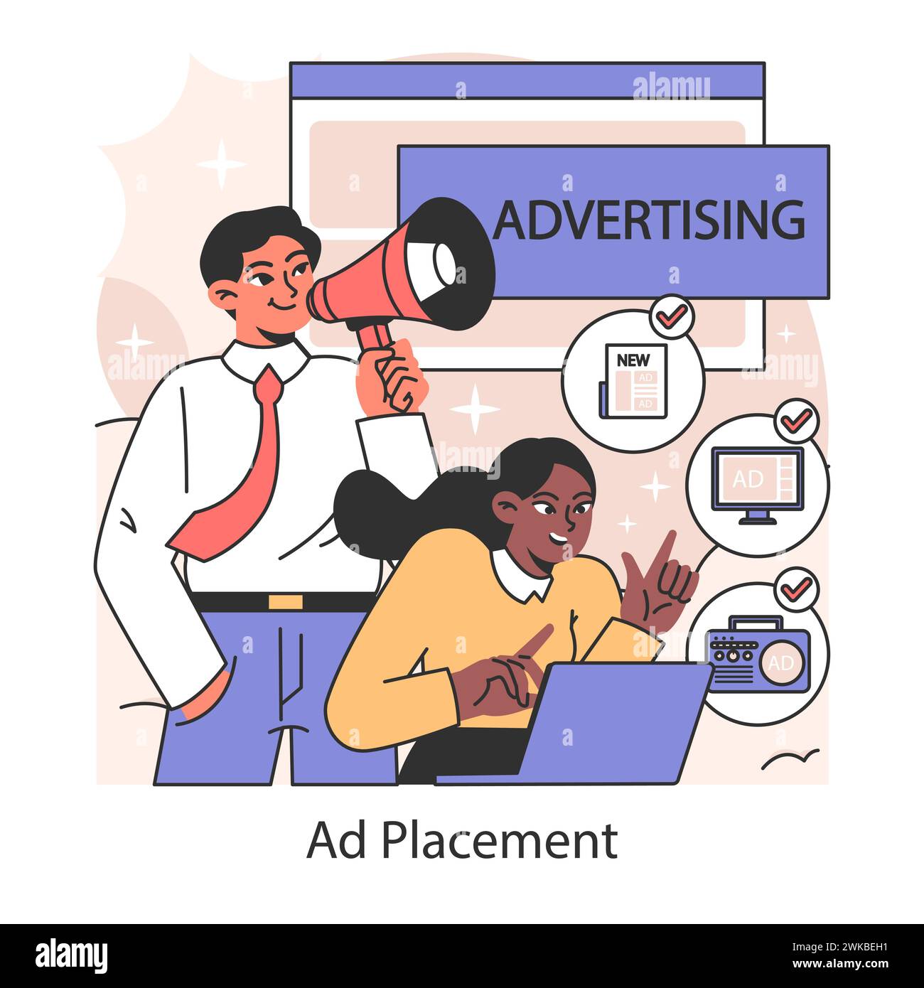 Ad placement. Marketers strategizing and executing advertising. Symbolizes the targeted approach ...
