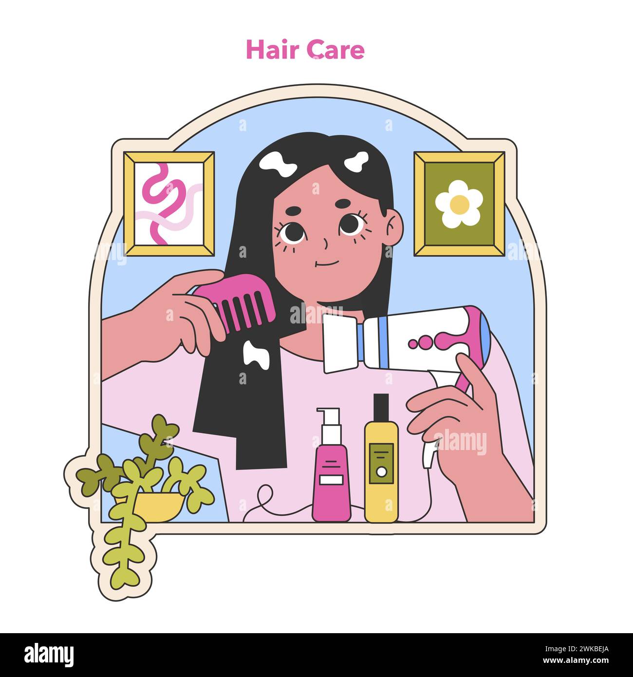 Hair care routine illustration. A serene depiction of a woman engaged ...