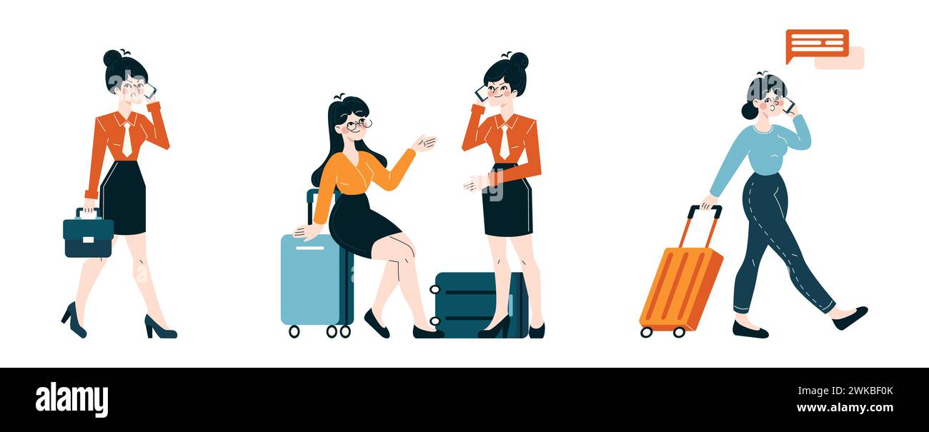 Business Travel set. Professional woman in different scenarios, from ...