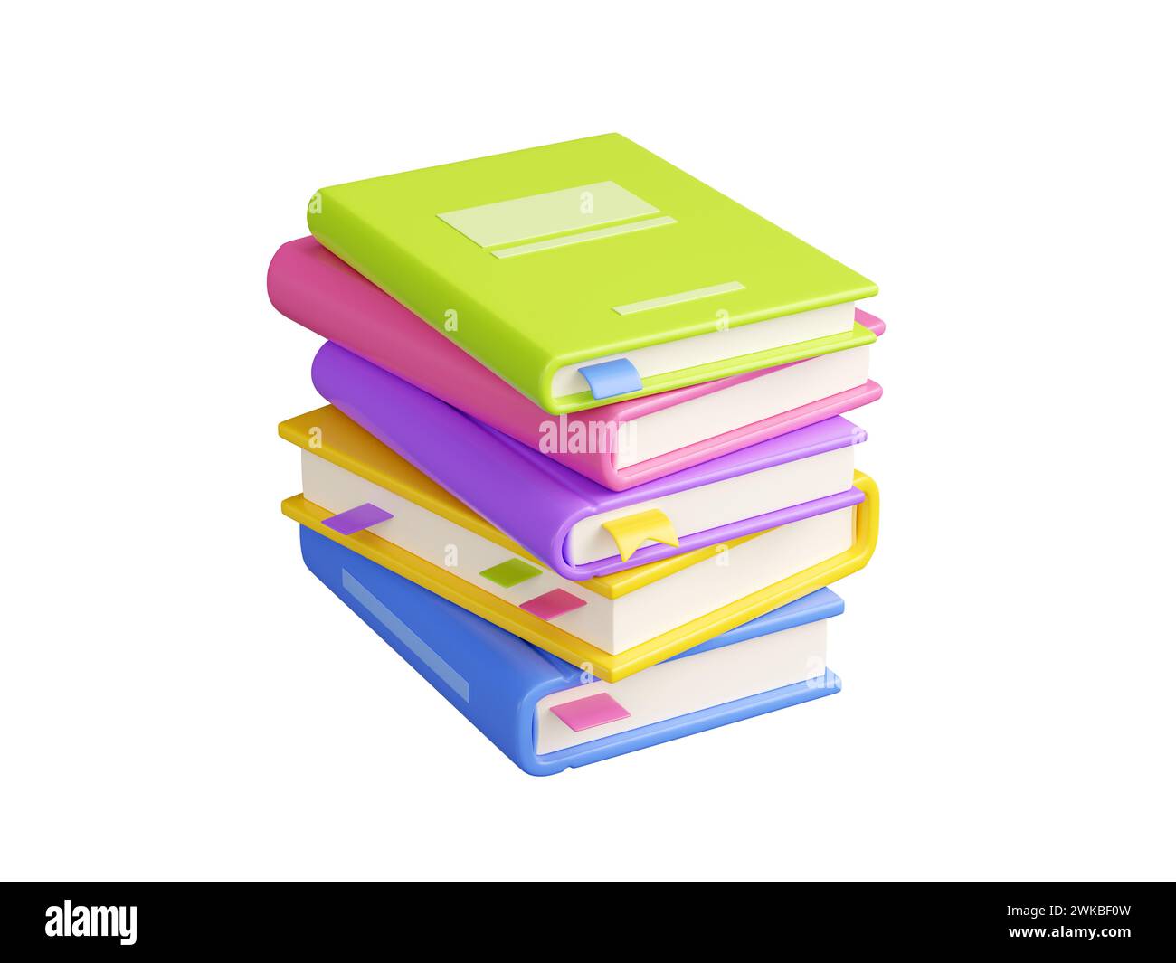 Stack of paper books with hard cover and bookmarks. 3D render ...