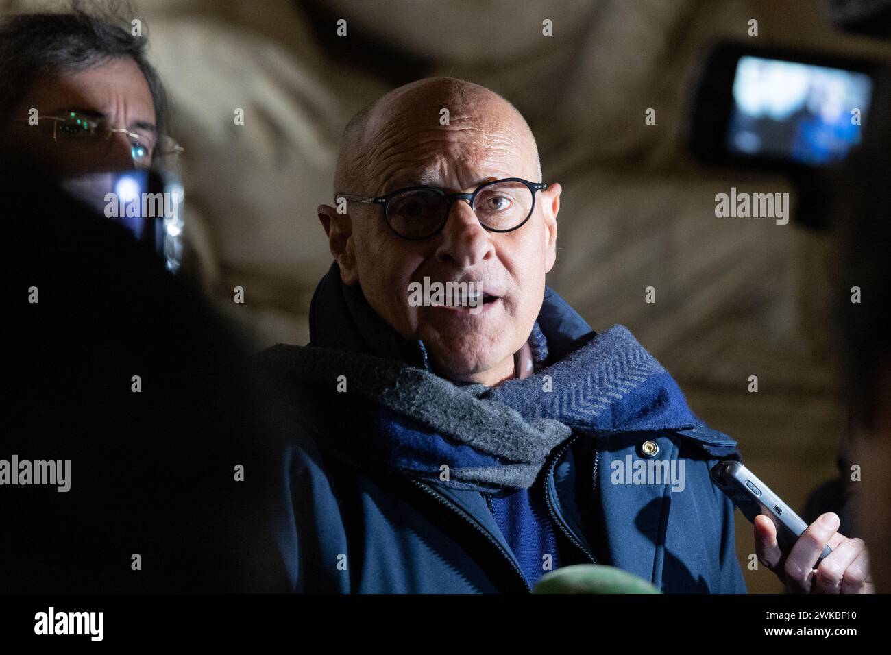 Rome, Italy. 19th Feb, 2024. Deputy of Fratelli d'Italia Fabio Rampelli speaks with journalist ...