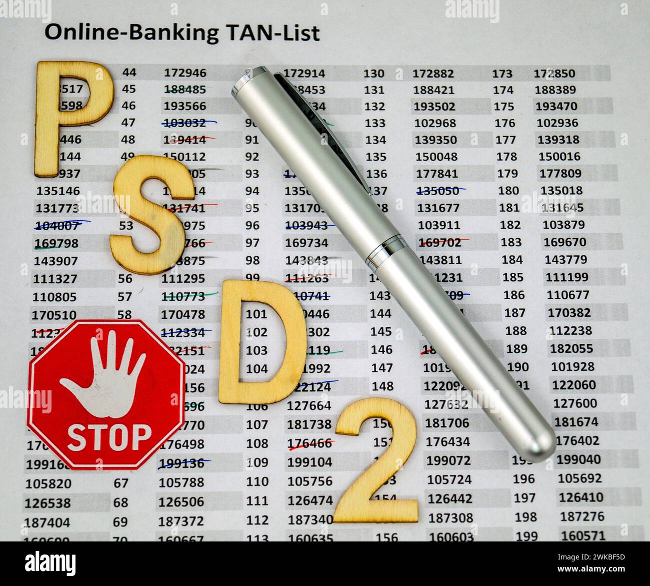 lettering 'PSD2', fountain pen and stop sign with TAN list for online ...