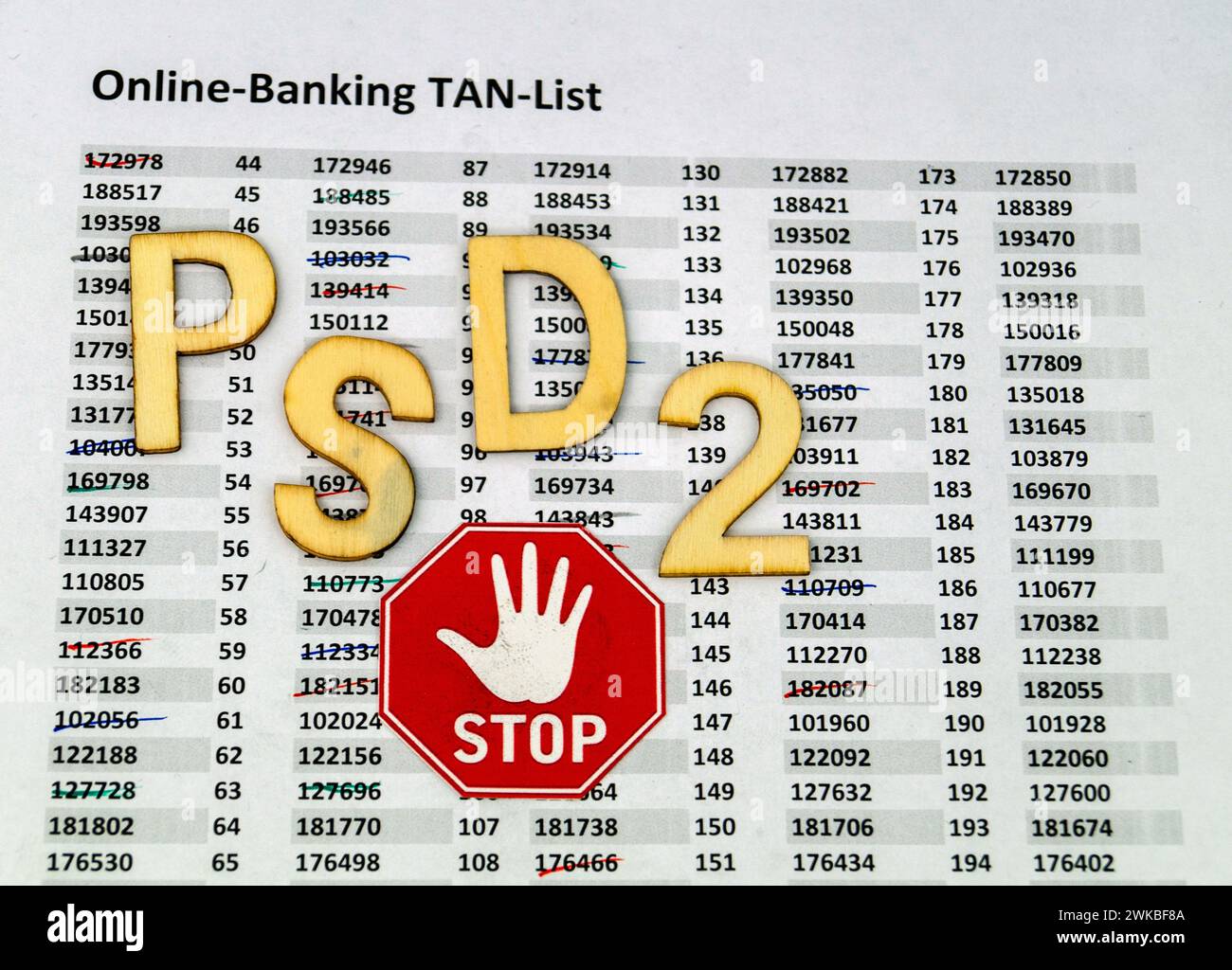 lettering 'PSD2' and stop sign with TAN list for online banking Stock ...