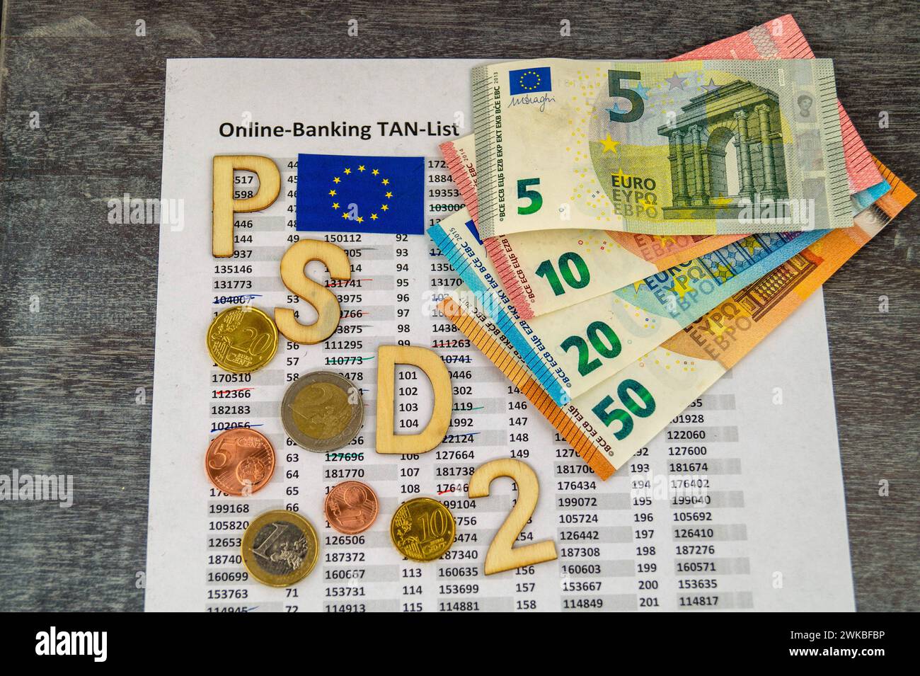 lettering 'PSD2', Euro coins, Euro bills and European flag with TAN ...