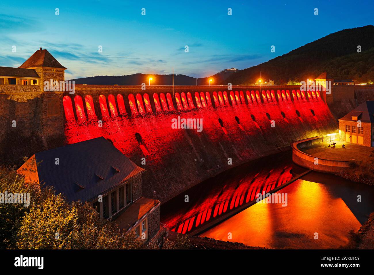 The illuminated dam wall of Lake Eder, Germany, Hesse, Kellerwald ...