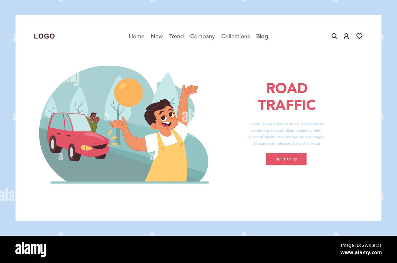 Traffic awareness for children. Joyful boy playing with ball near ...