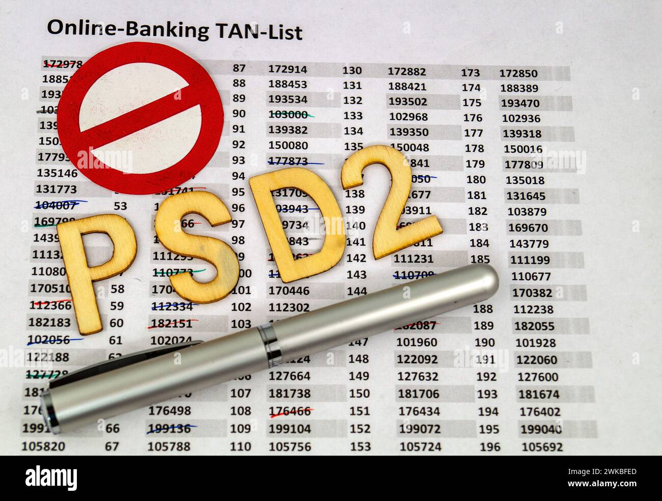 lettering 'PSD2', fountain pen and prohibition sign with TAN list for ...