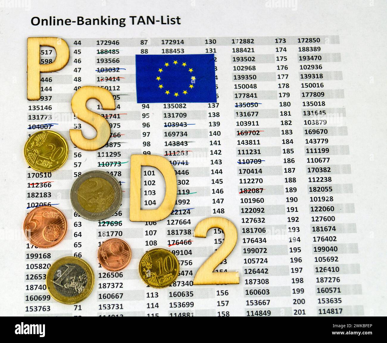 lettering 'PSD2', Euro coins and European flag with TAN list for online ...