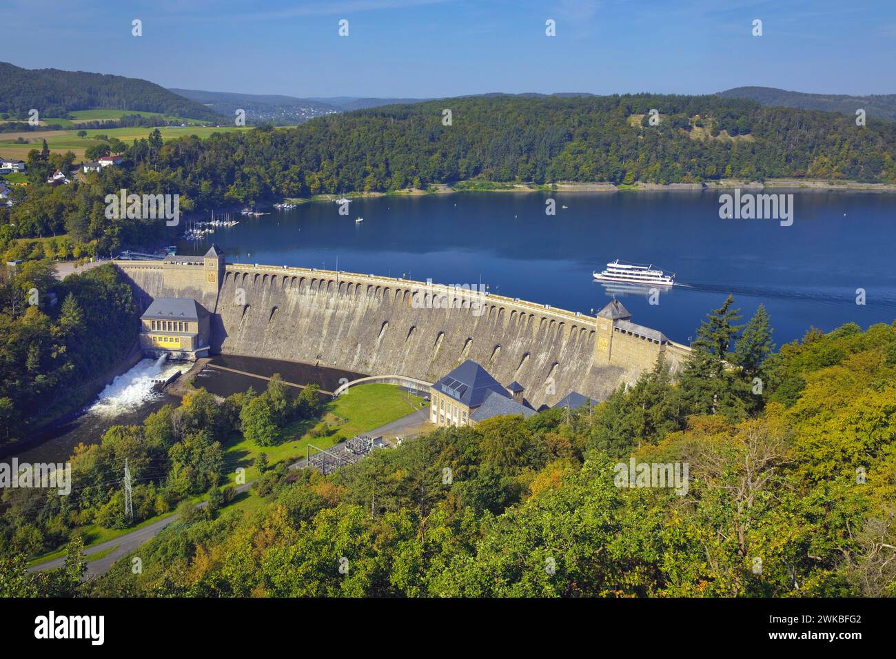 Eder dam with the dam wall and a ship on the Edersee, Germany, Hesse ...