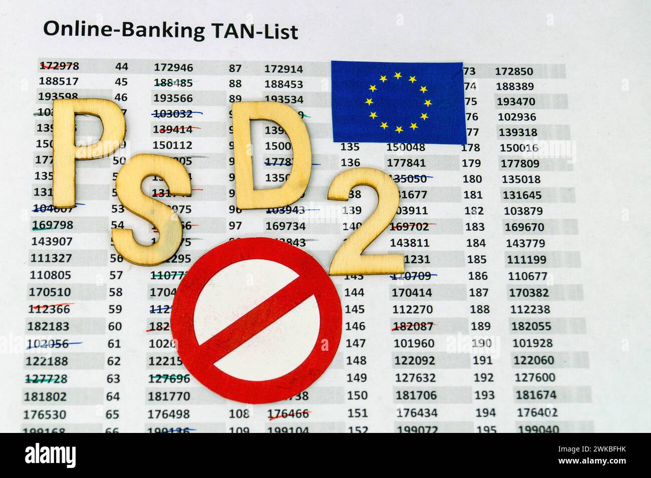 lettering 'PSD2', European flag and prohibition sign with TAN list for ...