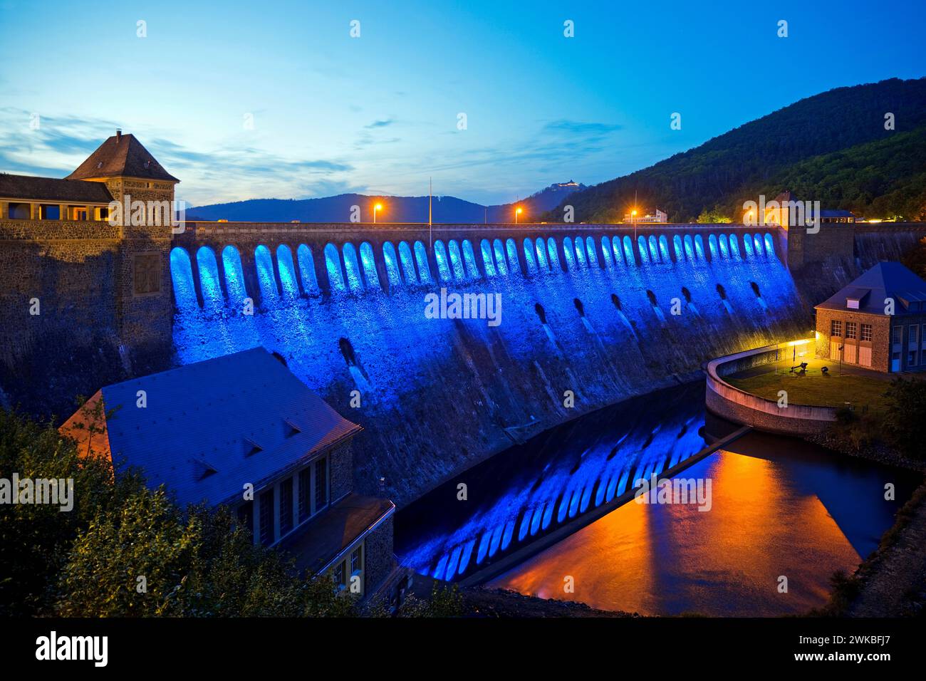 The illuminated dam wall of Lake Eder, Germany, Hesse, Kellerwald ...