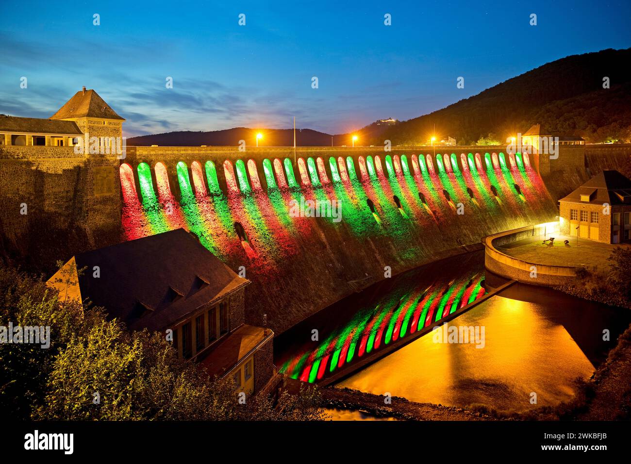 The illuminated dam wall of Lake Eder, Germany, Hesse, Kellerwald ...