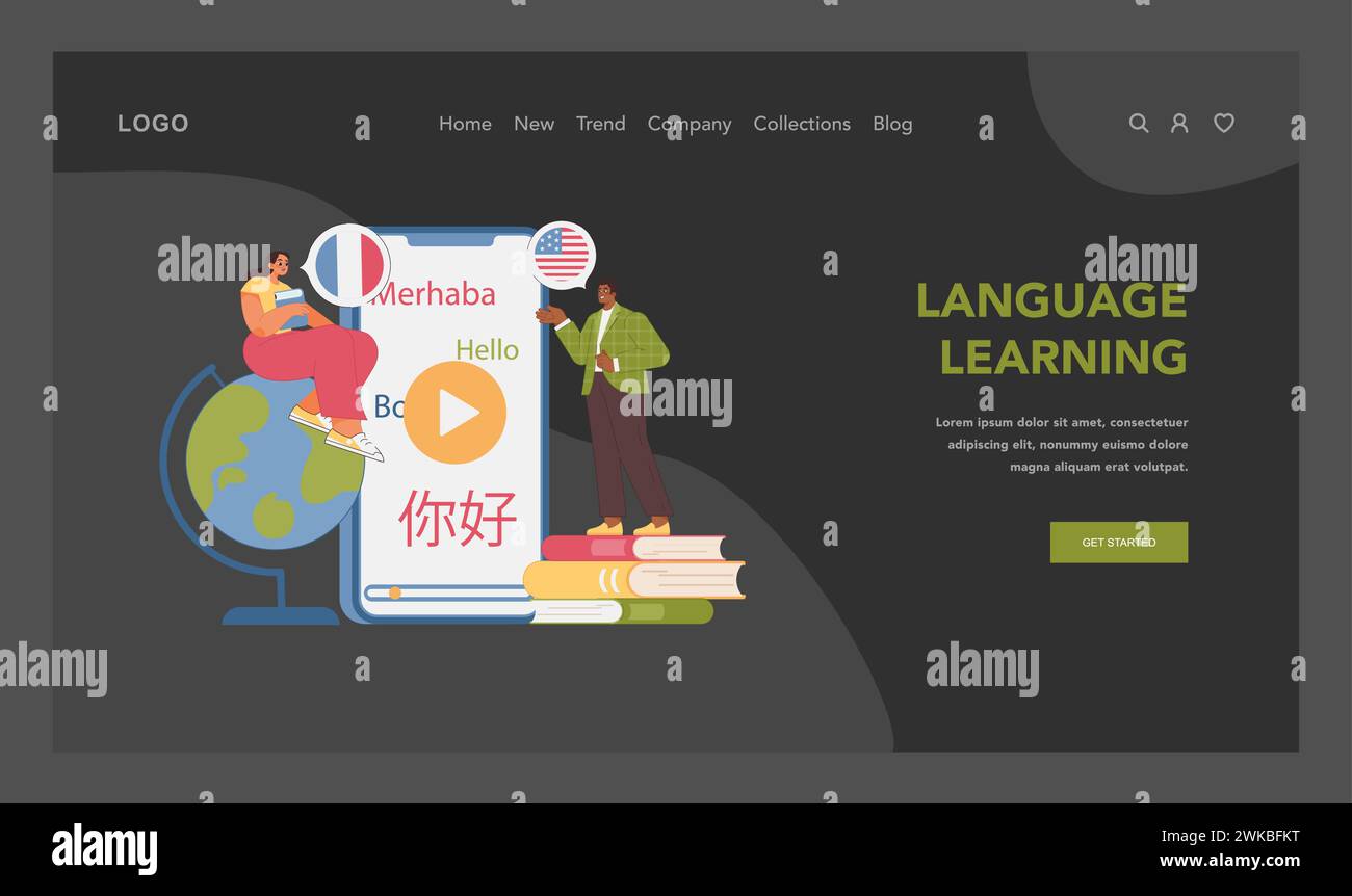 Global linguistics concept. Man and woman learn new words through studying app. Students ...