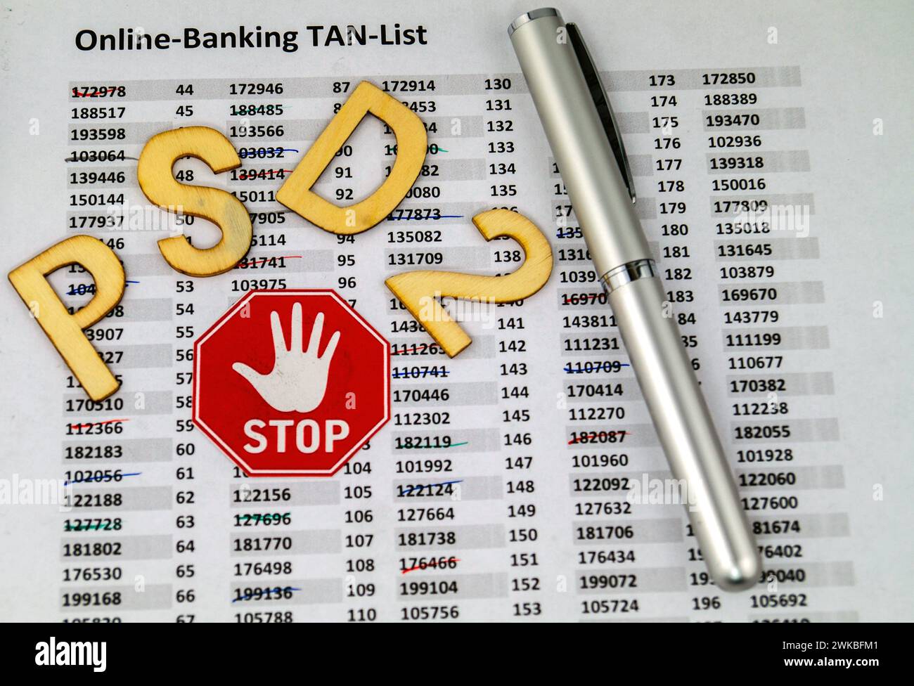 lettering 'PSD2', fountain pen and stop sign with TAN list for online ...