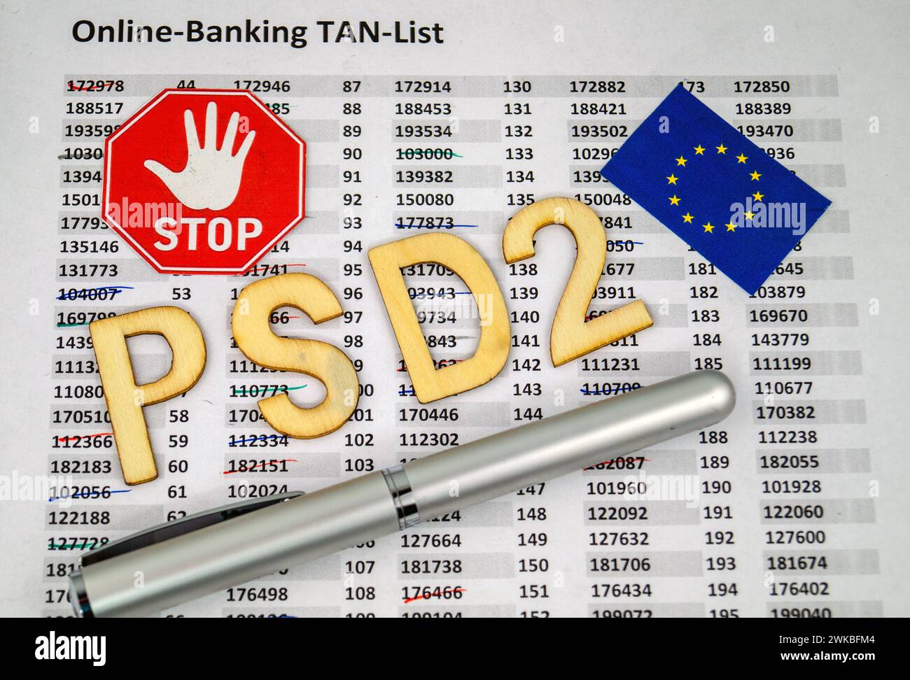 lettering 'PSD2', fountain pen, flag of Europe and stop sign with TAN ...