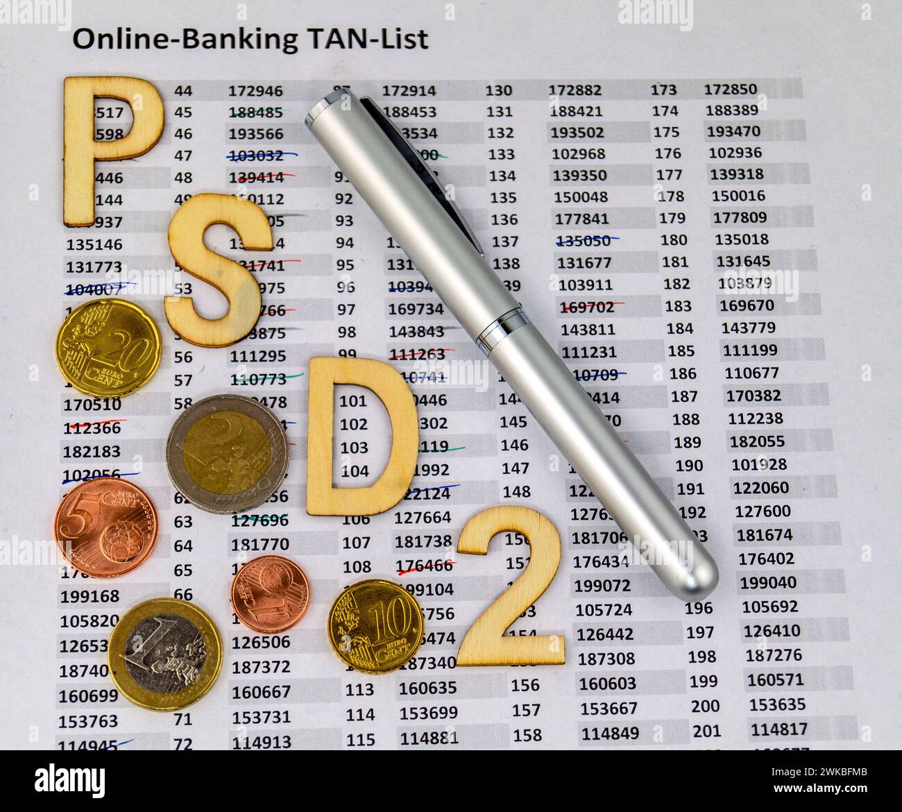 lettering 'PSD2', fountain pen and Euro coins with TAN list for online ...