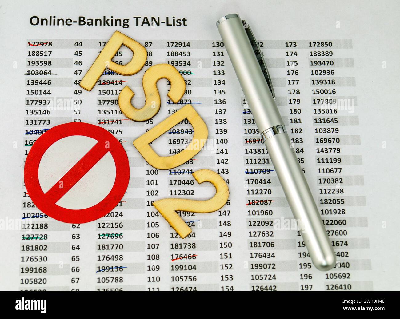 lettering 'PSD2', fountain pen and prohibition sign with TAN list for ...