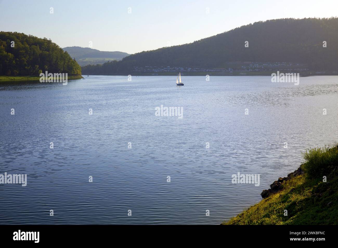 Sailing boat on the Edersee, Germany, Hesse, Kellerwald National Park ...