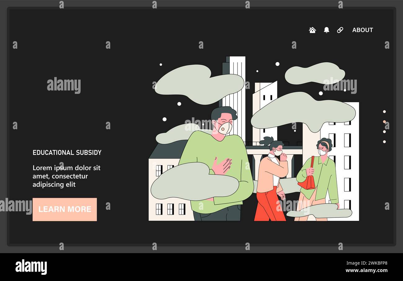 Air quality awareness dark or night mode web, landing. Urban smog ...