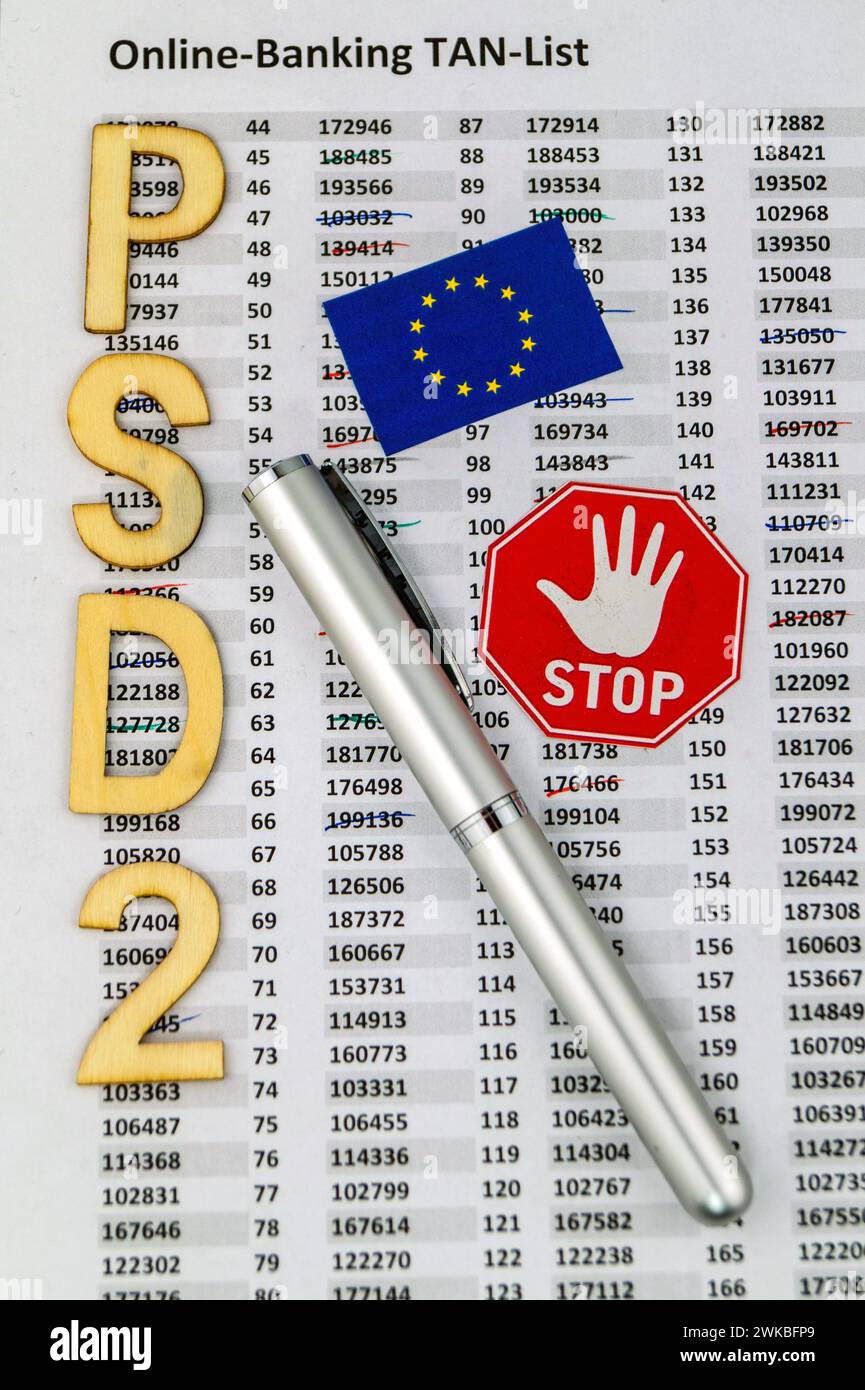 lettering 'PSD2', fountain pen, flag of Europe and stop sign with TAN ...