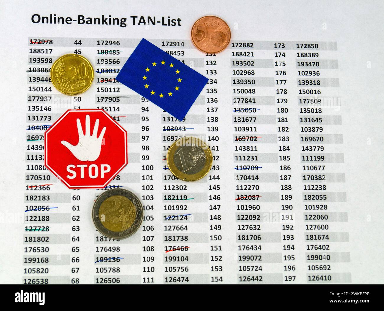 flag of Europe, Euro coins and stop sign with TAN list for online ...