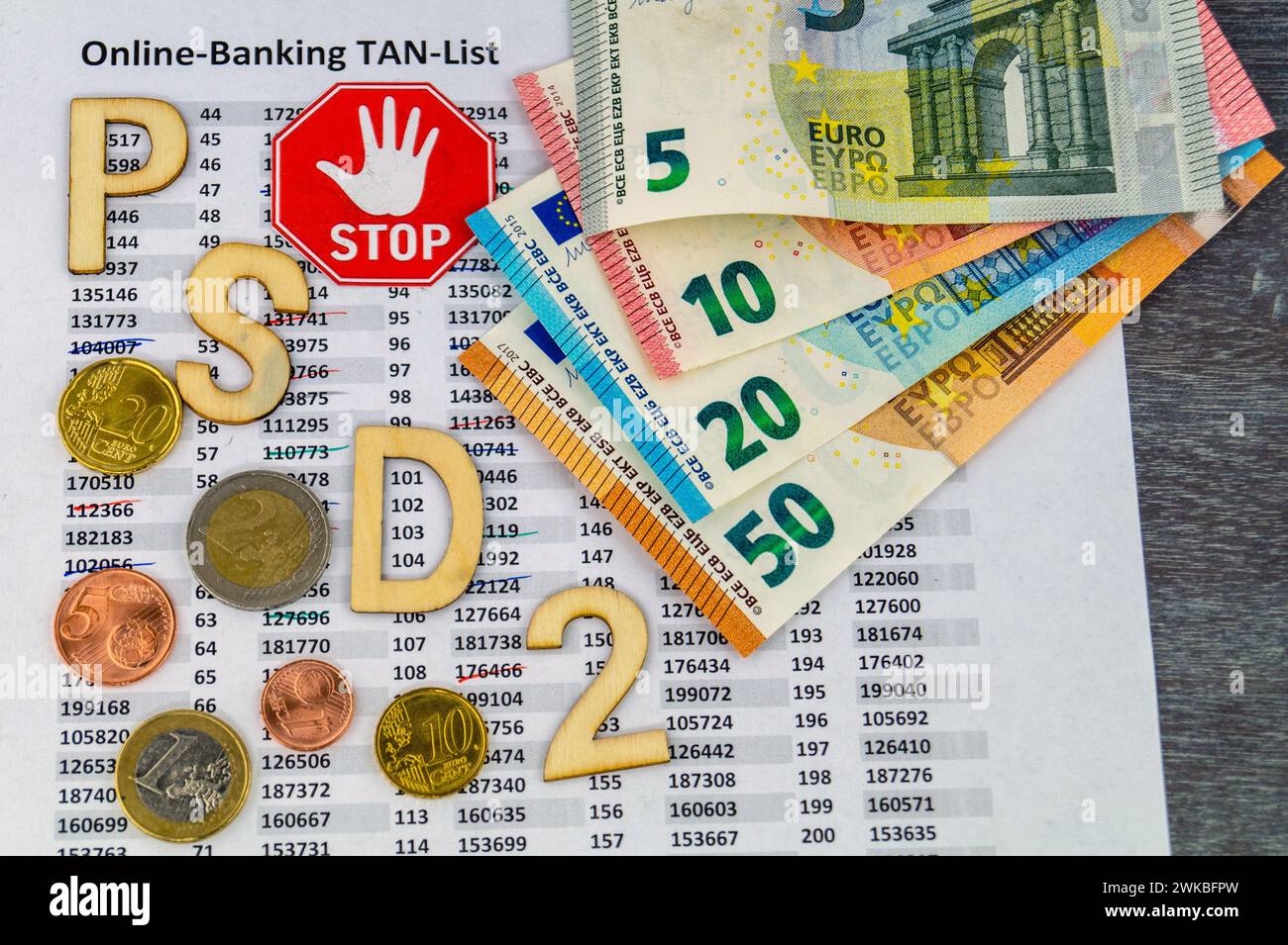 lettering 'PSD2', Euro coins, Euro bills and stop sign with TAN list ...