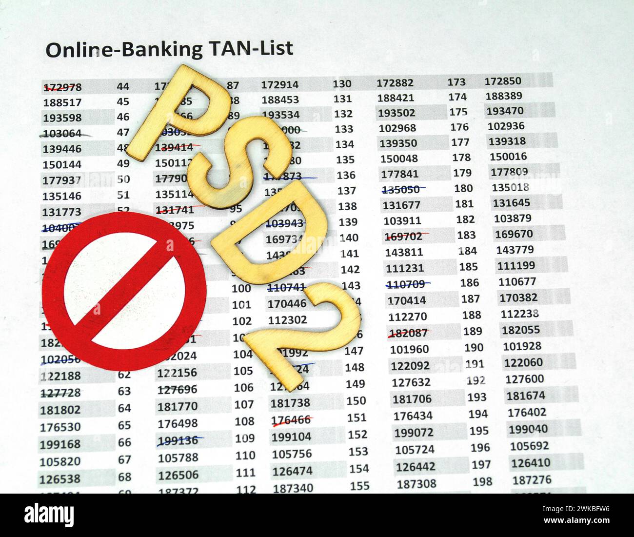 lettering 'PSD2' and prohibition sign with TAN list for online banking ...