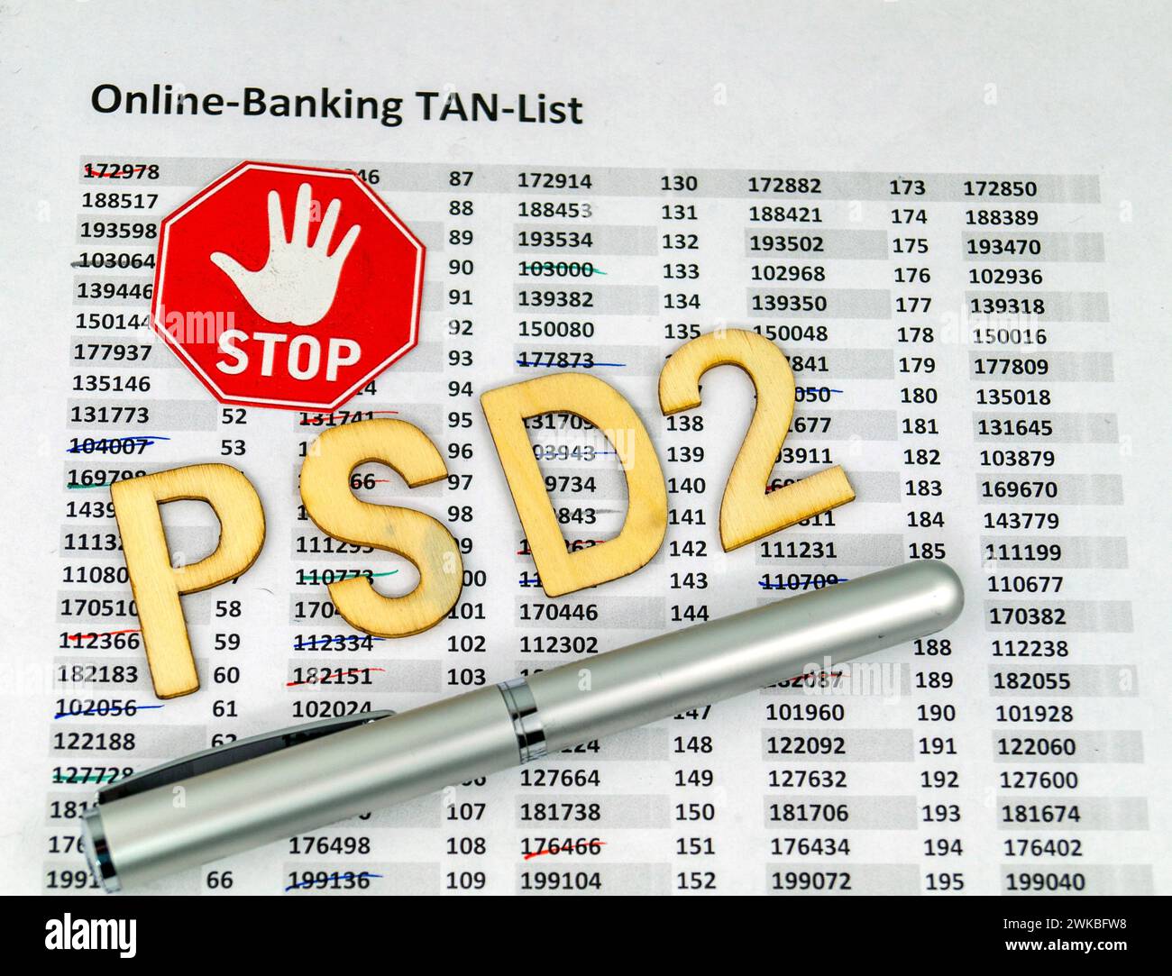 lettering 'PSD2', fountain pen and stop sign with TAN list for online ...