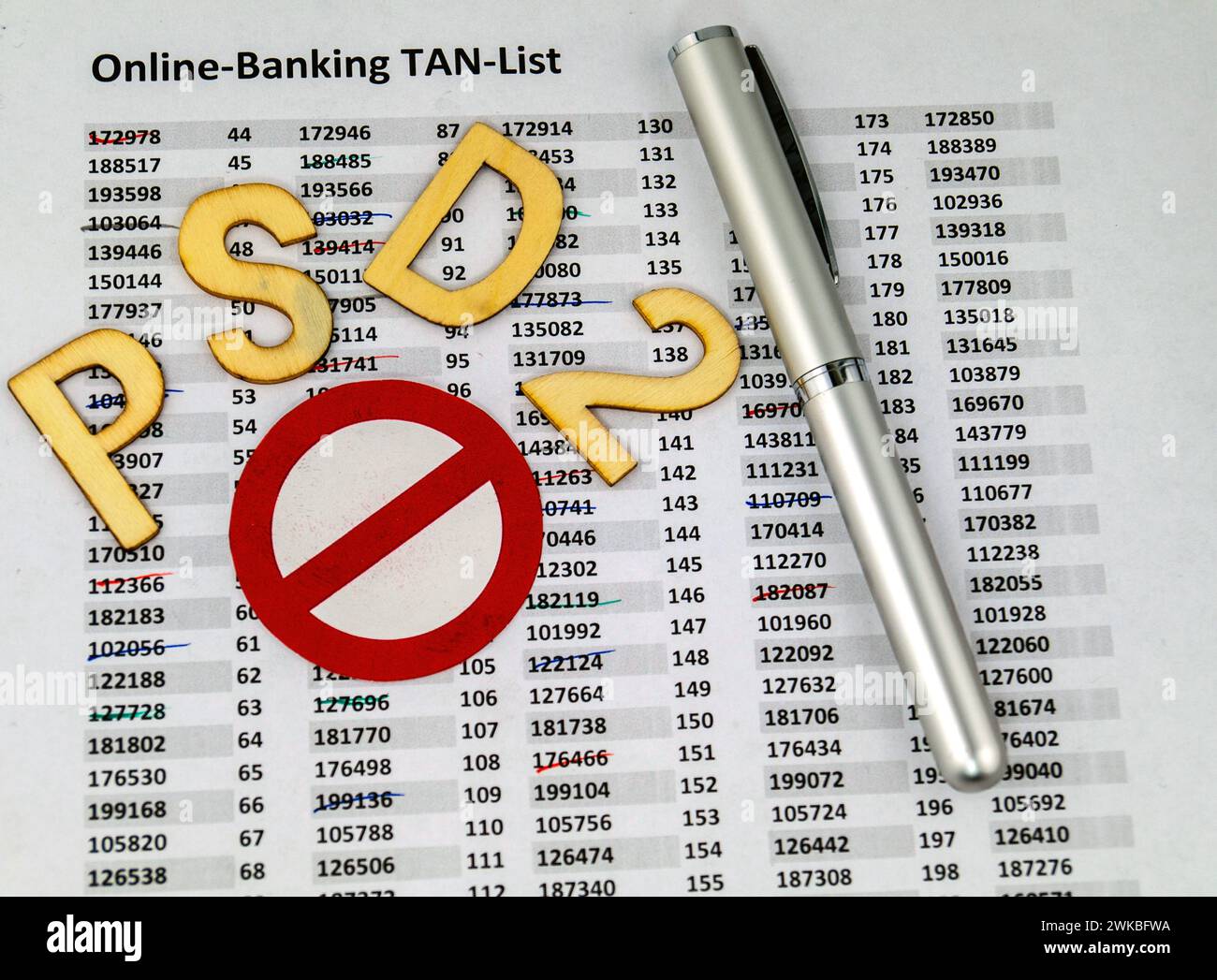 lettering 'PSD2', fountain pen and prohibition sign with TAN list for ...