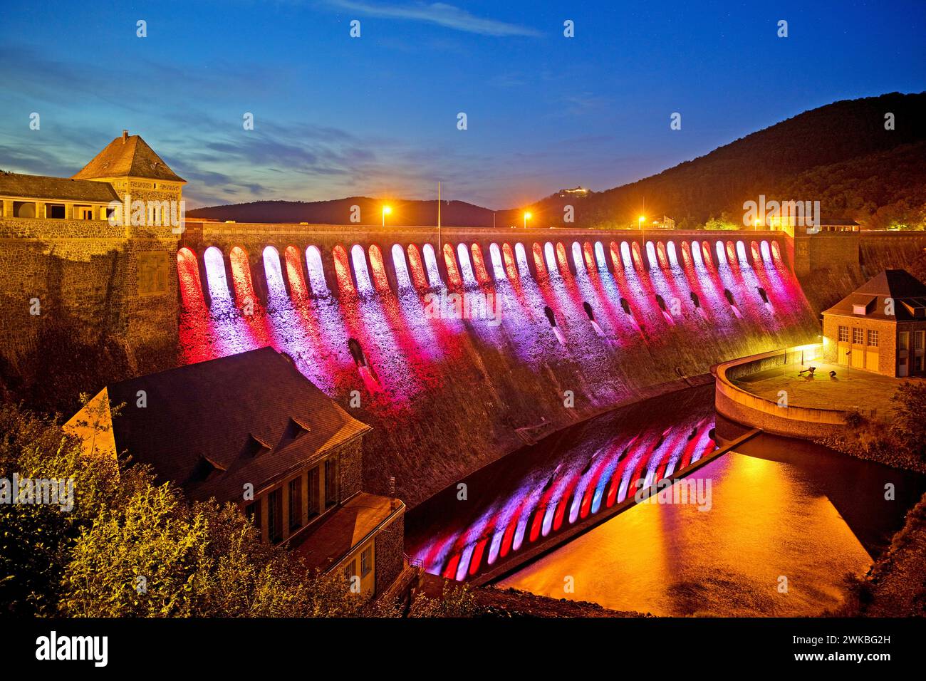 The illuminated dam wall of Lake Eder, Germany, Hesse, Kellerwald ...