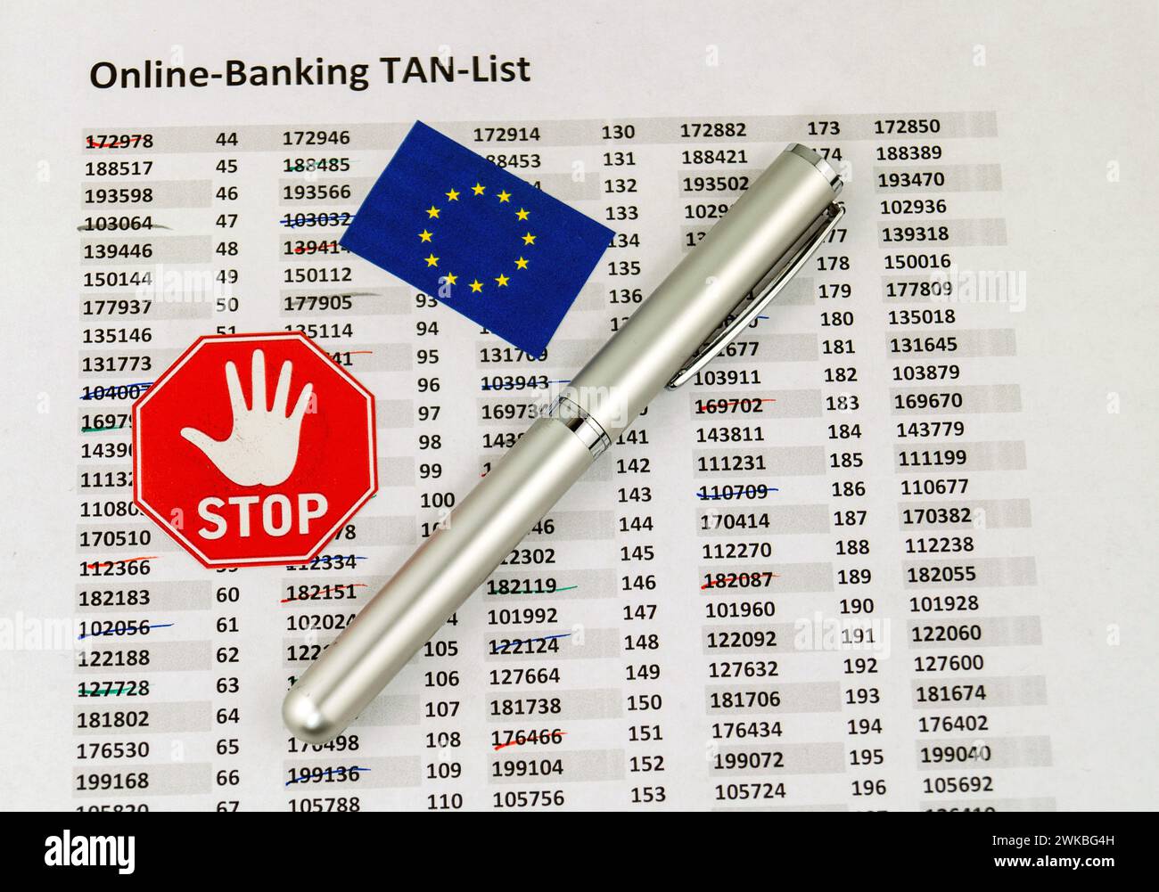 lettering 'PSD2', fountain pen, flag of Europe and stop sign with TAN ...