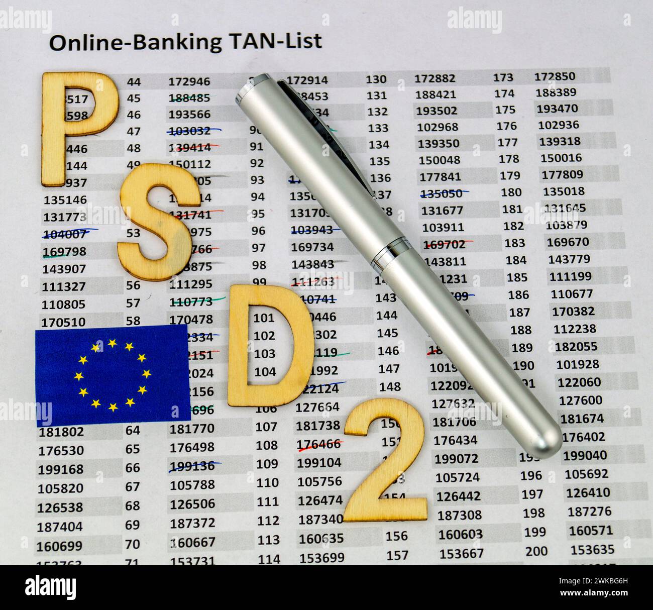 lettering 'PSD2', fountain pen and European flag with TAN list for ...