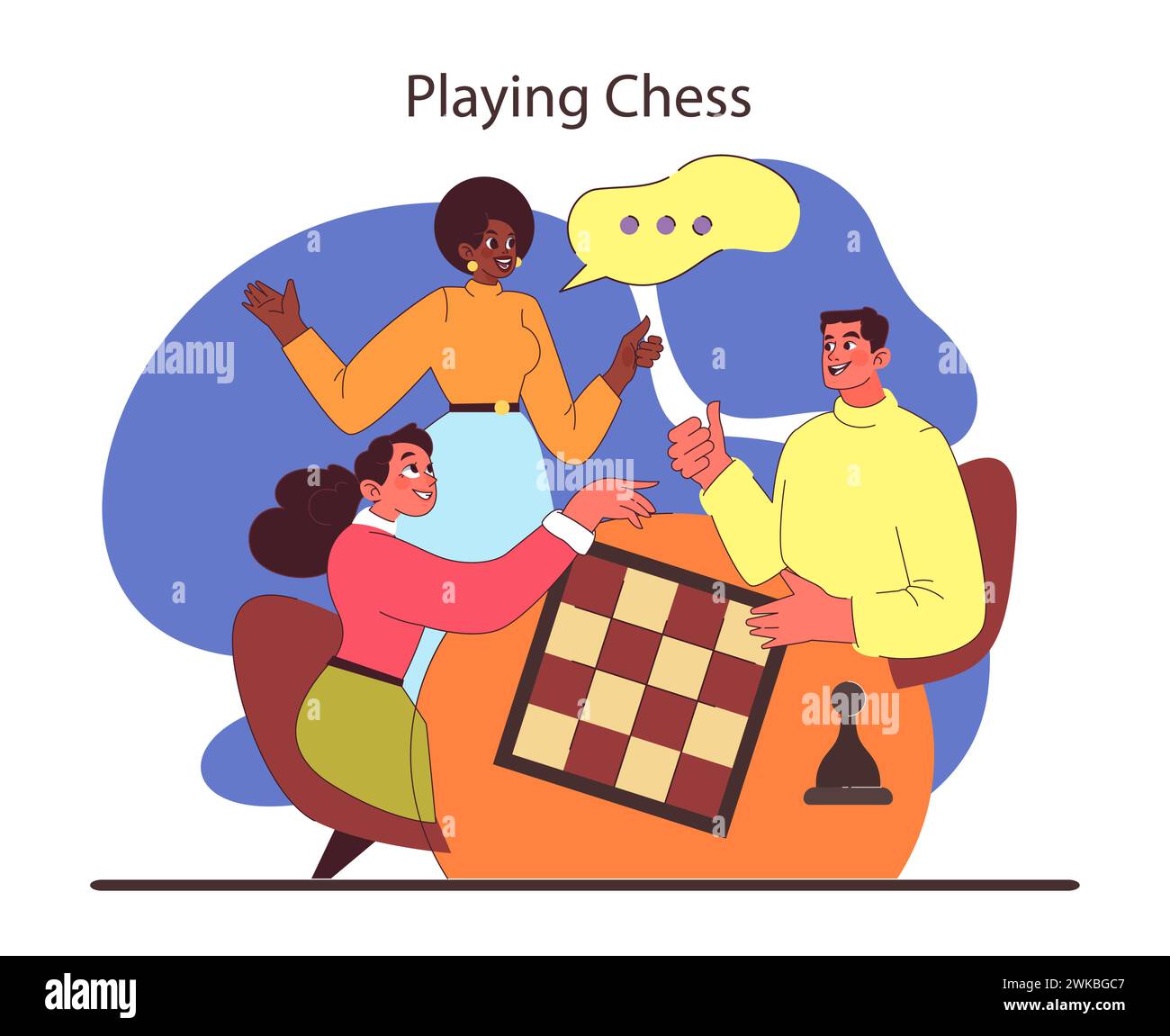 Chess game concept. Engaged trio enjoys strategic gameplay, celebrating ...