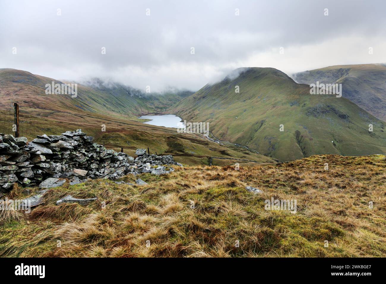 Hayeswater and Gray Crag (centre right) on a rainy day, viewed from ...